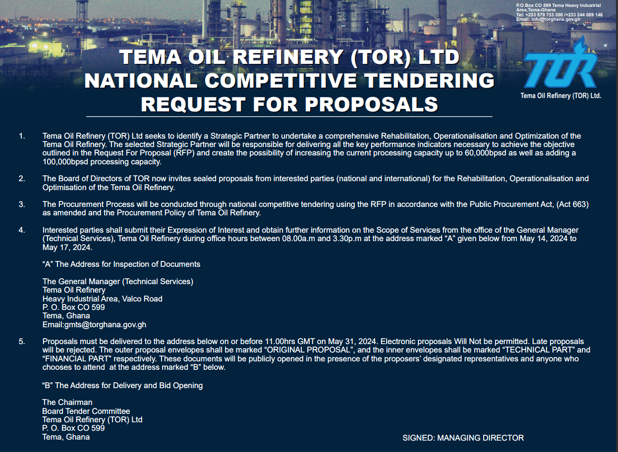 TEMA OIL REFINERY (TOR) LTD NATIONAL COMPETITIVE TENDERING REQUEST FOR PROPOSALS – Tema Oil Refinery